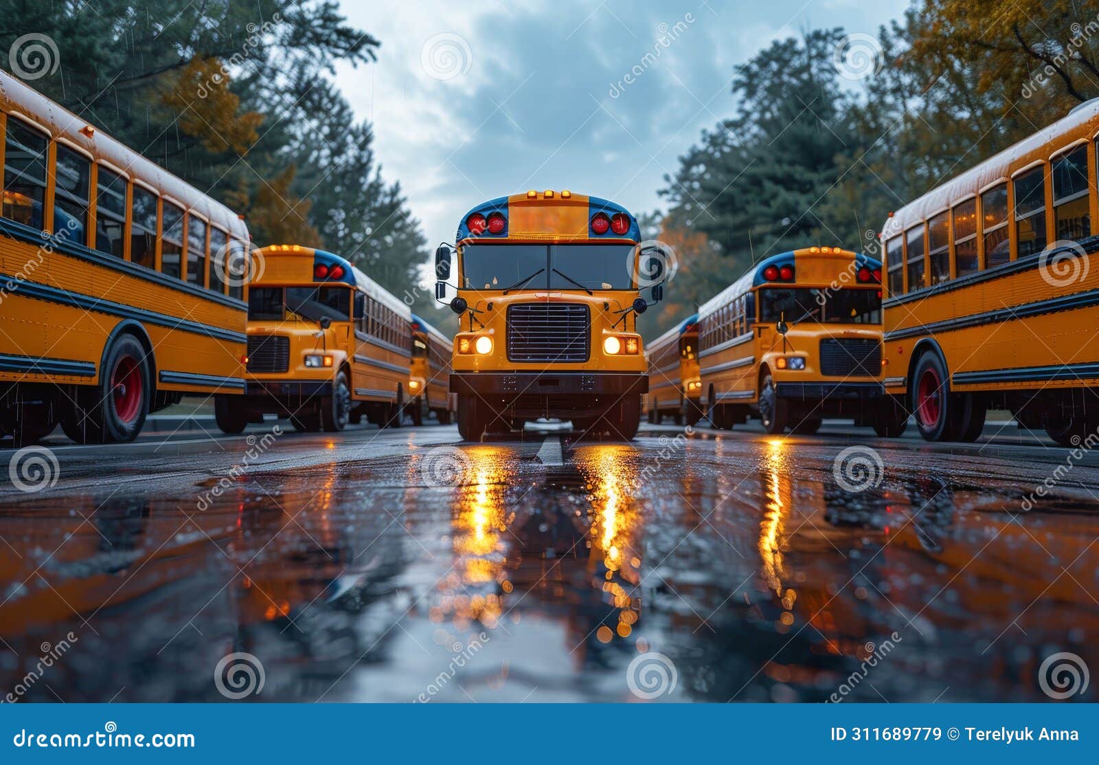 School Buses Parked in Row. Row of Parked School Buses Ready To Pick Up ...