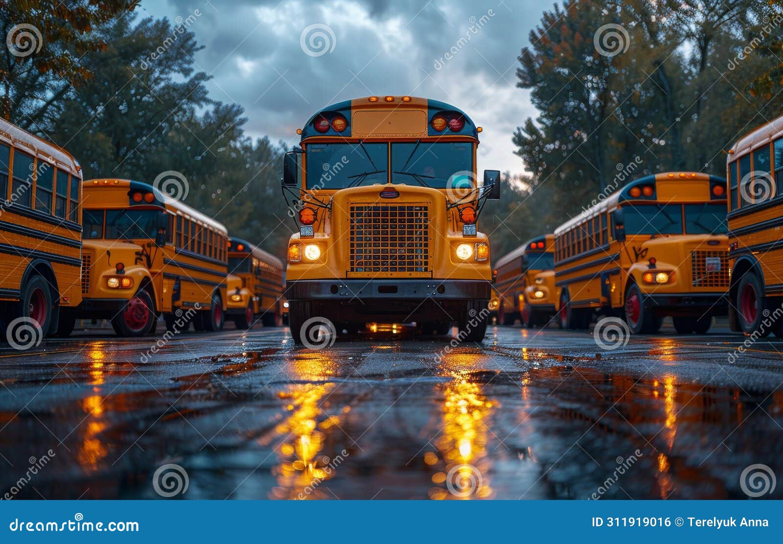 School Buses Parked in Row. Row of Parked School Buses Ready To Pick Up ...