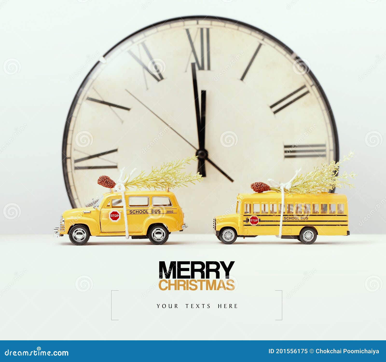 School Buses Toy Model and Christmas Tree , Vintage Clock Stock Image ...