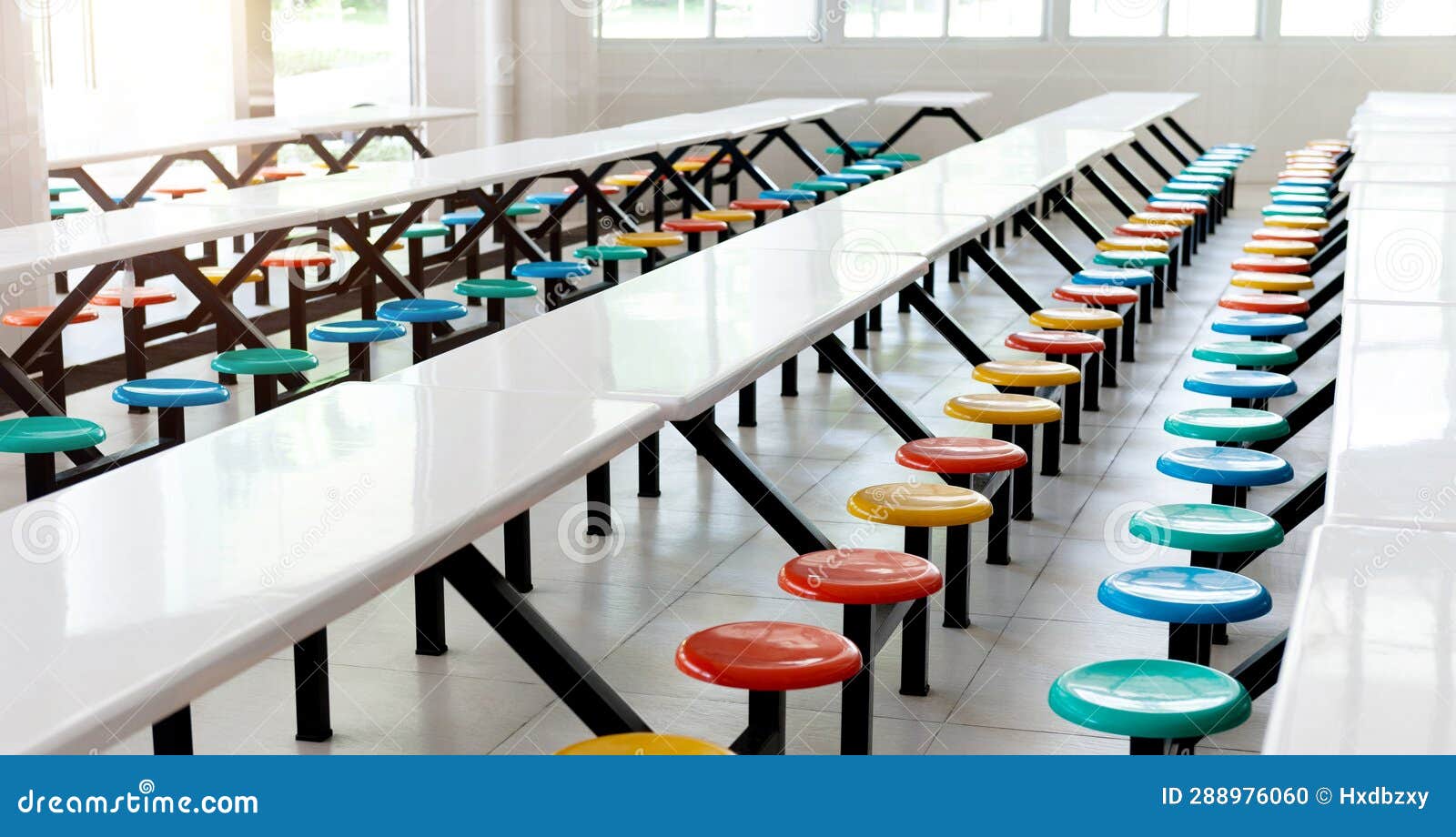 School Cafeteria with White Tables and Seats Stock Photo - Image of ...