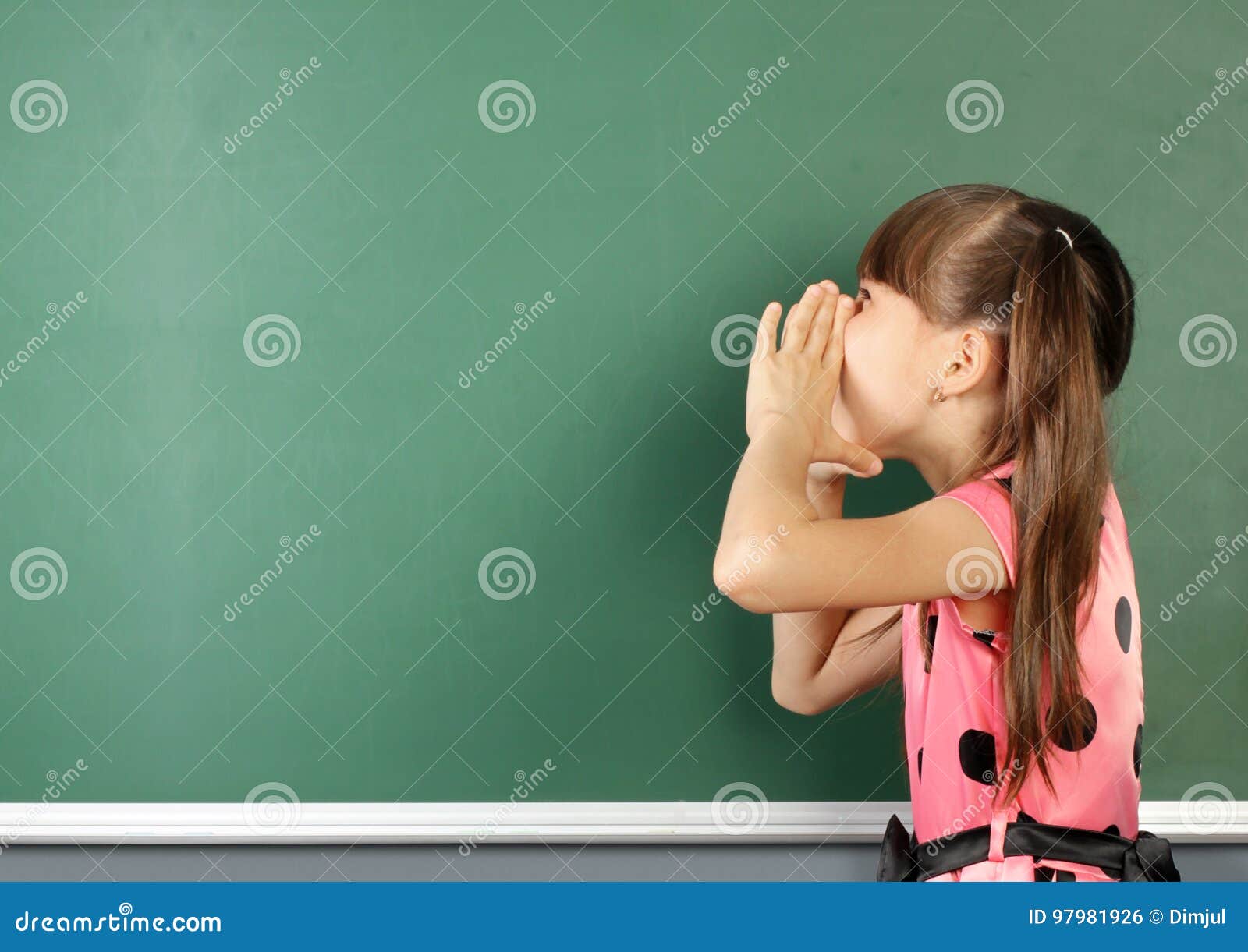 School Child Shouting Near Blank School Blackboard, Copy Space Stock ...