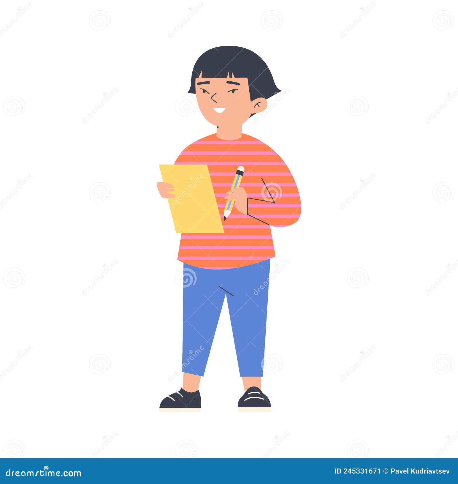 School Child Stands and Taking Notes with Pen Flat Vector Illustration ...