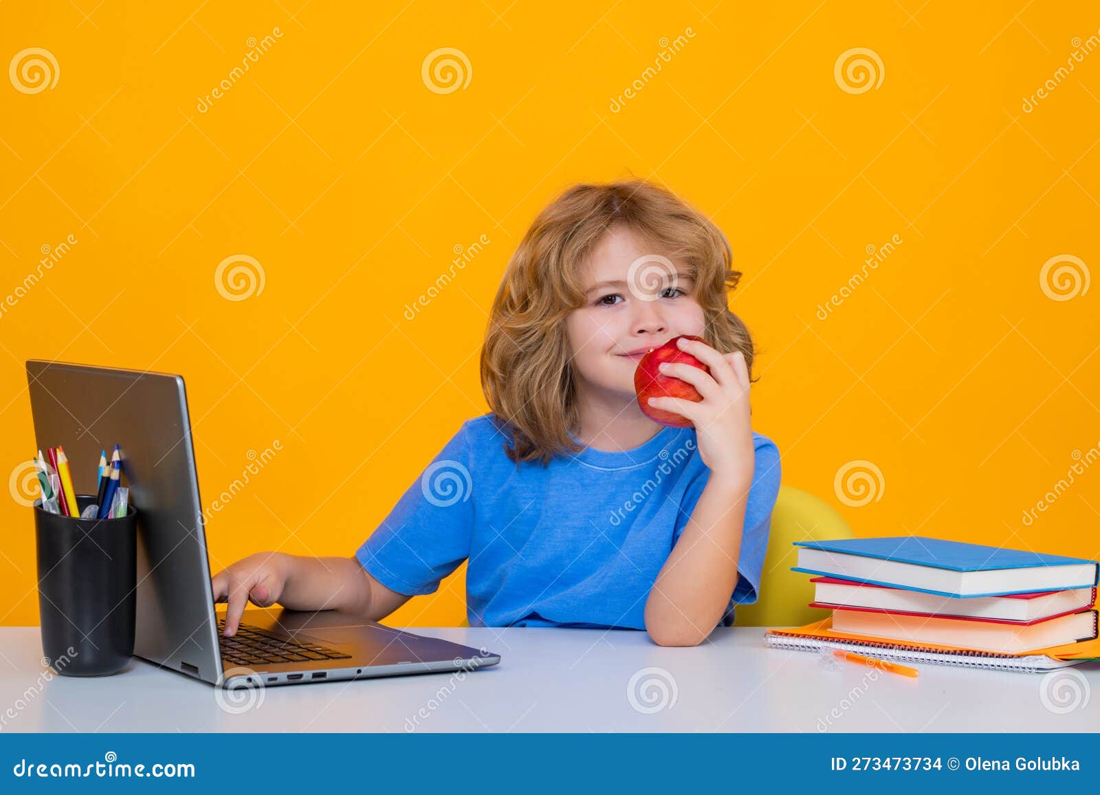 School Child Using Laptop Computer. School Kid Student Learning, Study ...