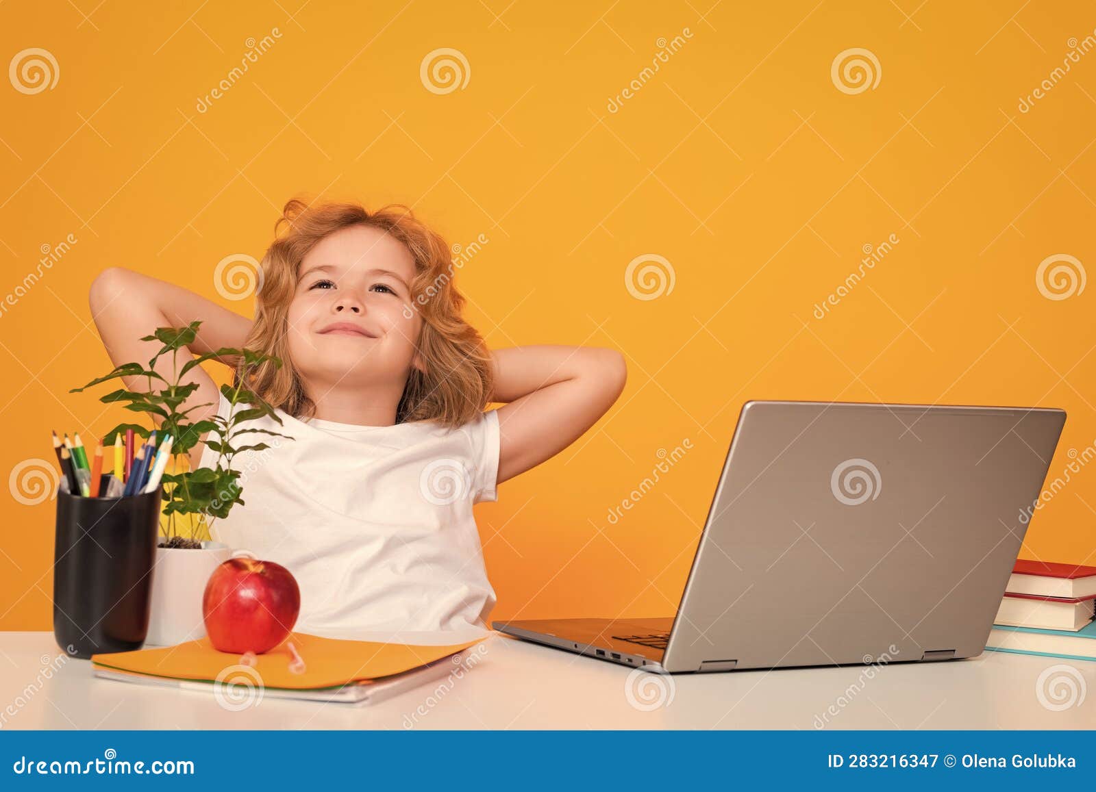 School Child Using Laptop Computer. School Kid Student Learning, Study ...
