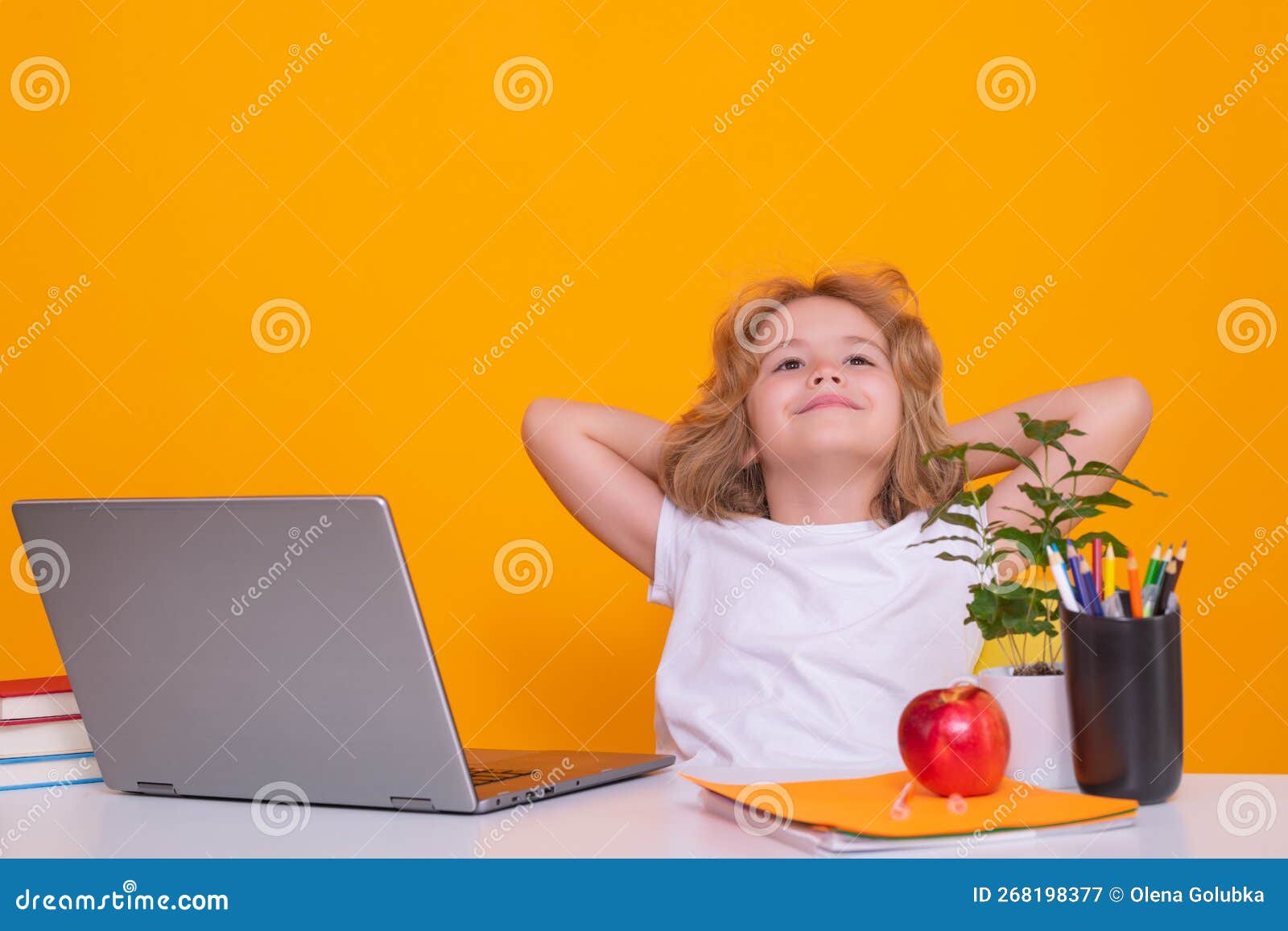 School Child Using Laptop Computer. School and Kids. Cute Blonde Child ...