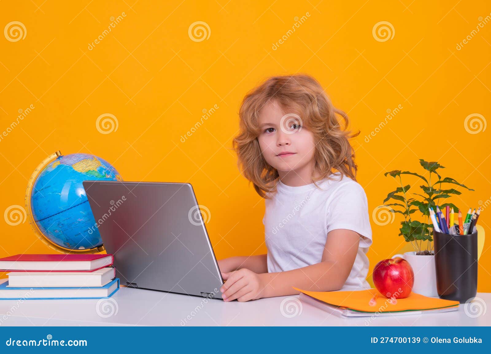 School Child Using Laptop Computer. School Child Studying in Classroom ...