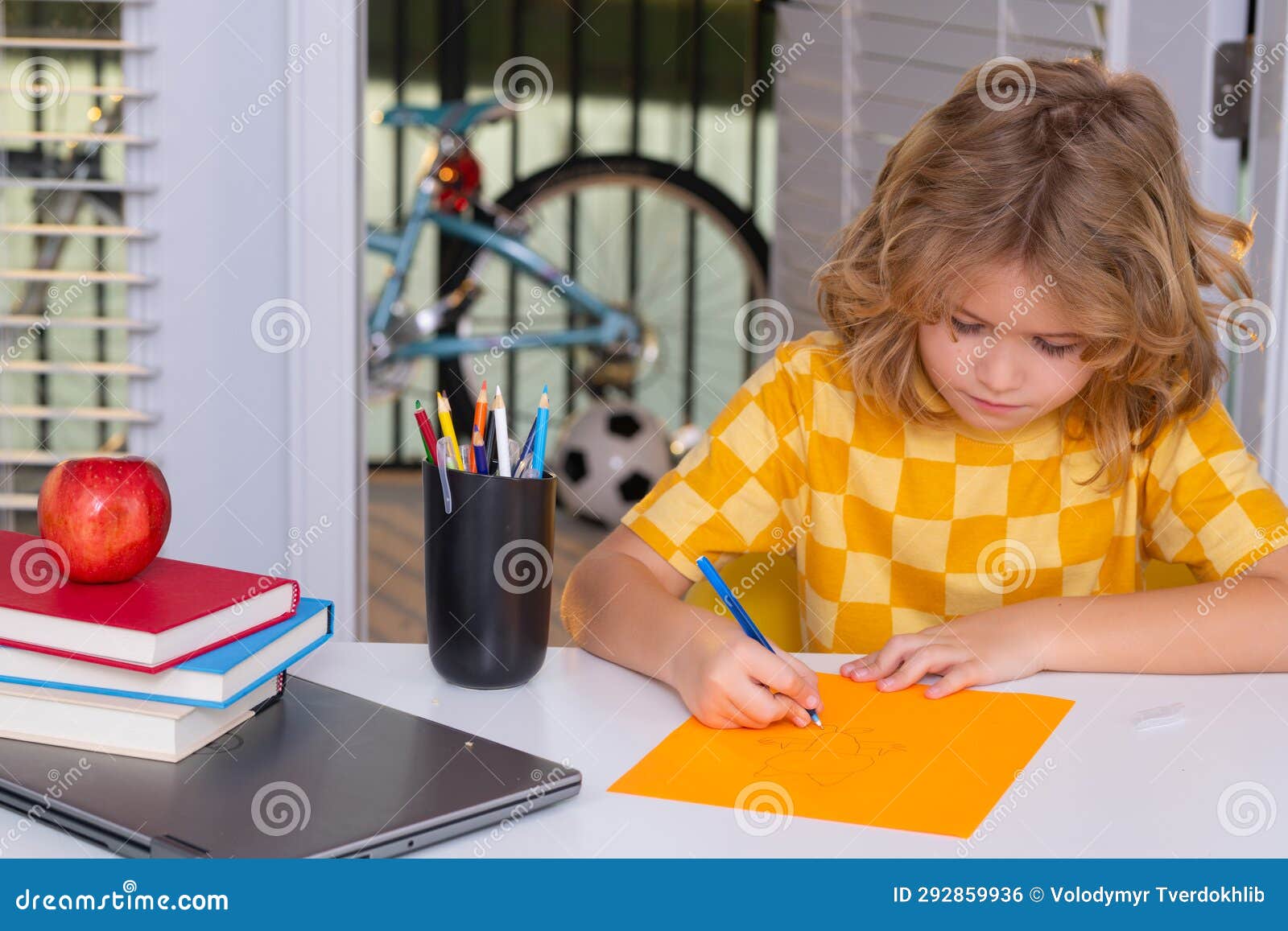 School Child Writing School Homework. Kid Boy from Elementary School ...
