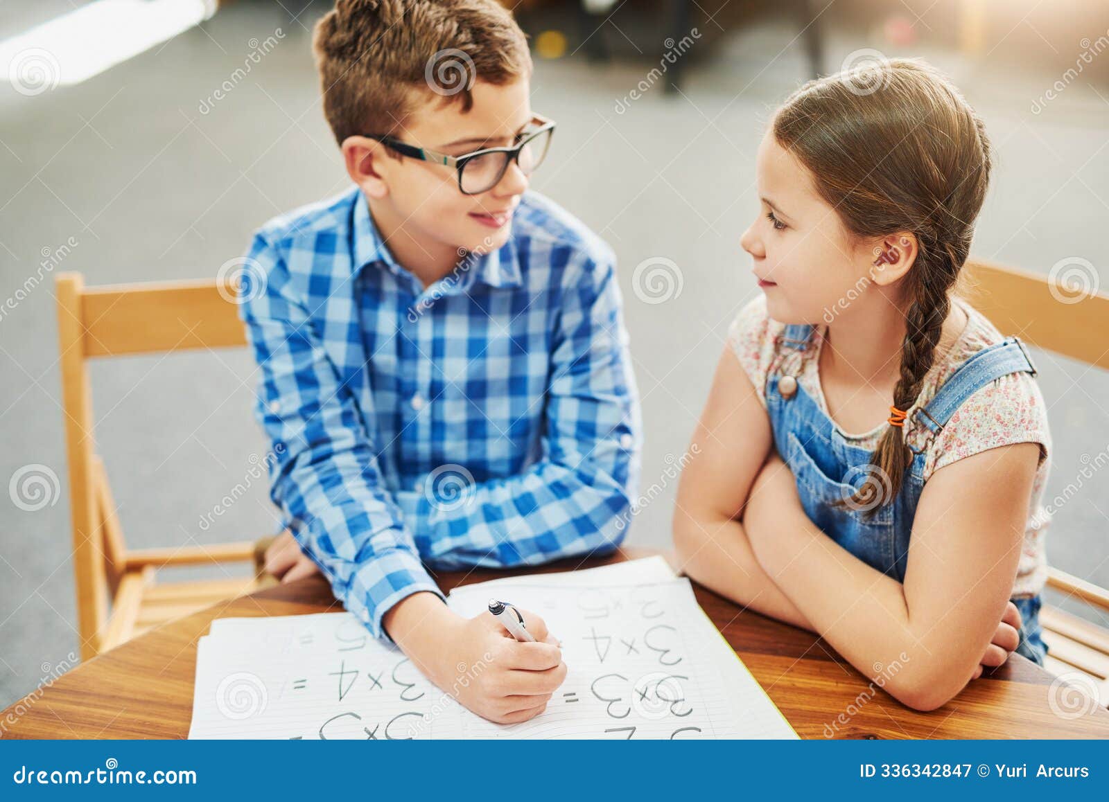 School, Children and Conversation with Homework at Table for Education ...