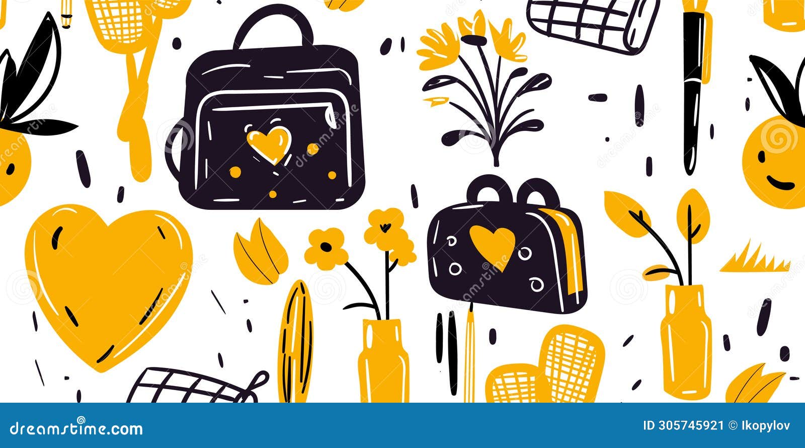 School Children Doodle Seamless Pattern Yellow and Black Colors, Vector ...