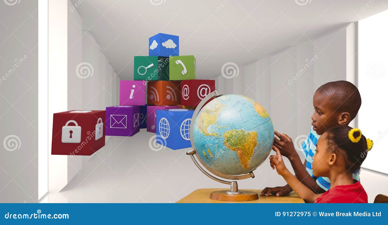 School Children Exploring Globe by Application Icons Stock Image ...
