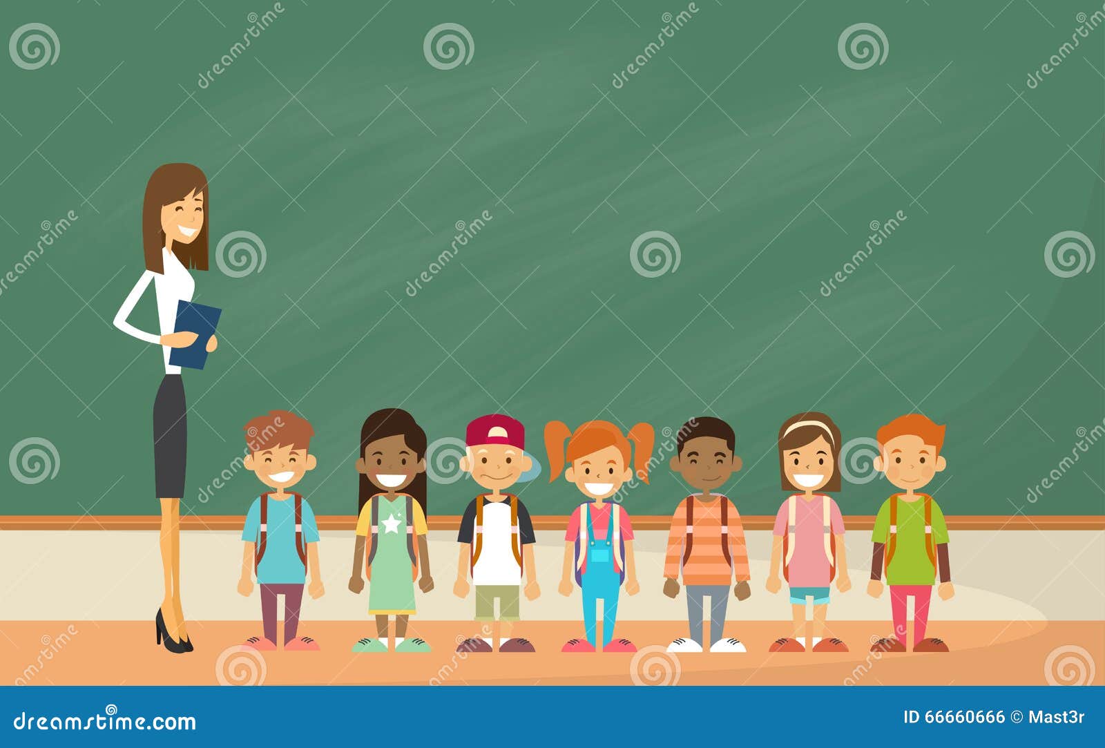 School Children Group with Teacher Classroom Green Board Stock Vector ...
