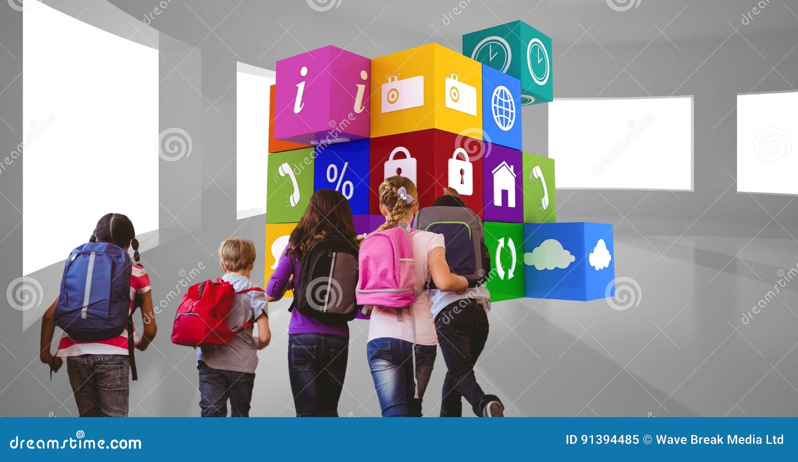 School Children Running Towards Various Application Icons Stock Image ...