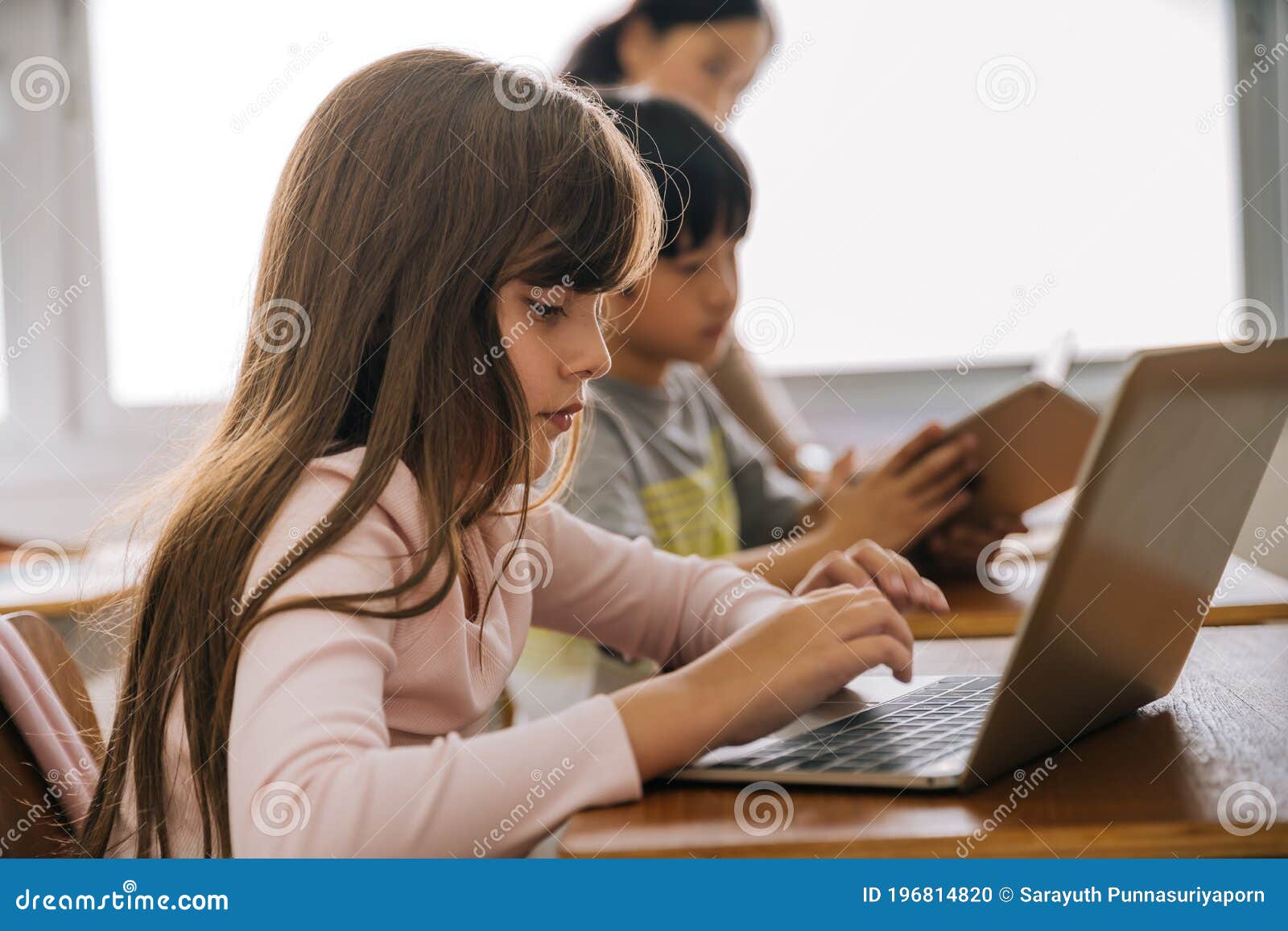 School Children Using Computer Laptop in School Classroom, Digital ...