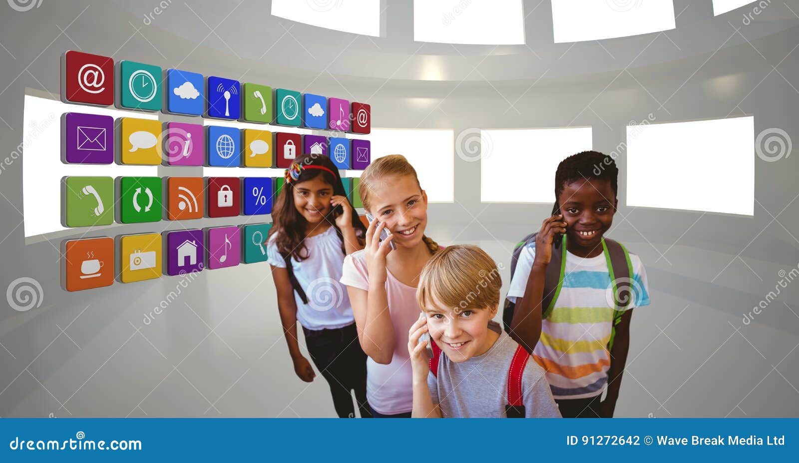 School Children Using Mobile Phone by App Icons Stock Photo - Image of ...