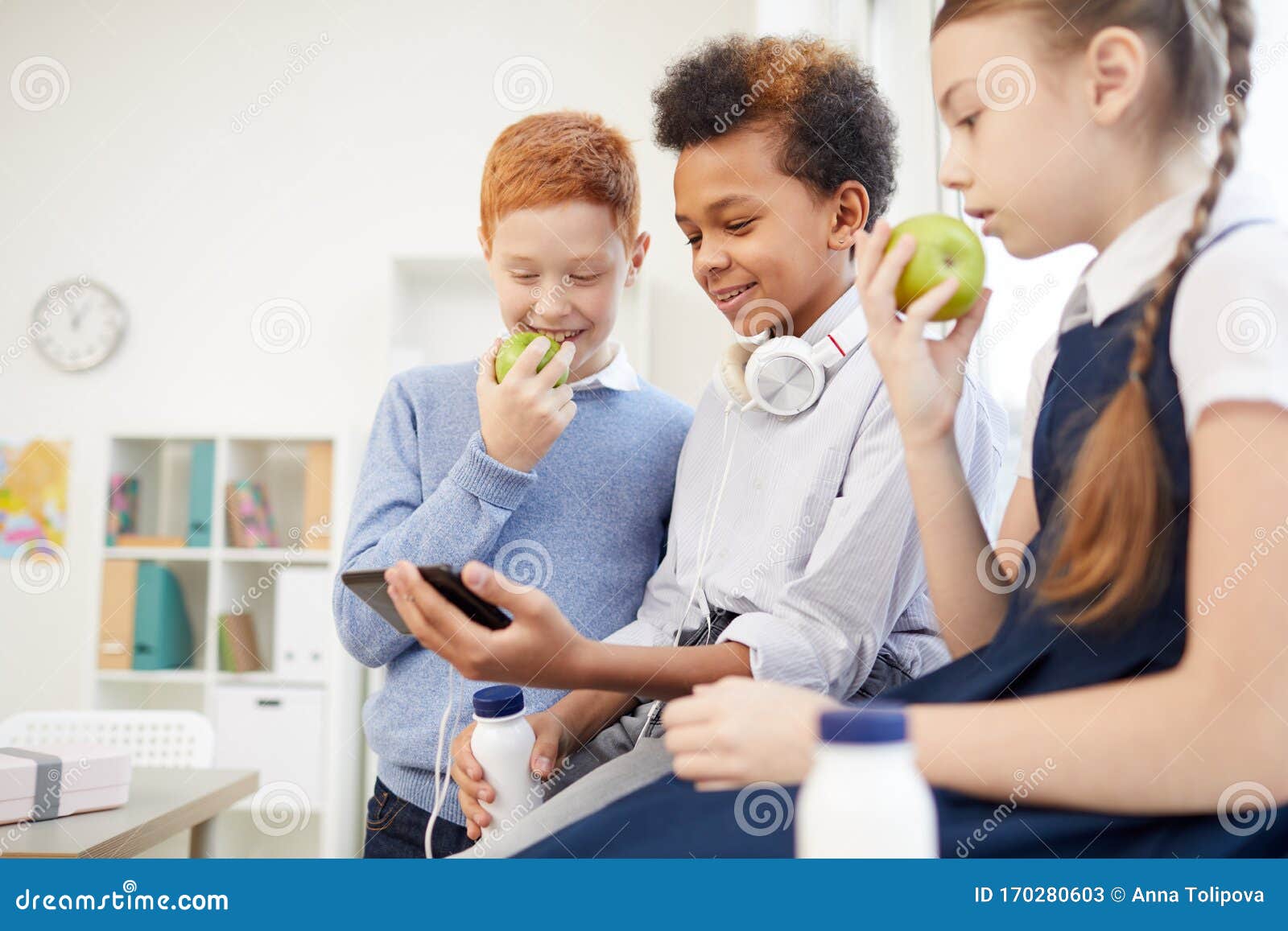 School Children Using Phone at School Stock Image - Image of occupation ...