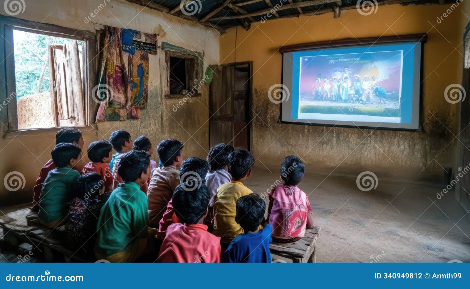 School Children Watch Educational Projector Presentation in Classroom ...