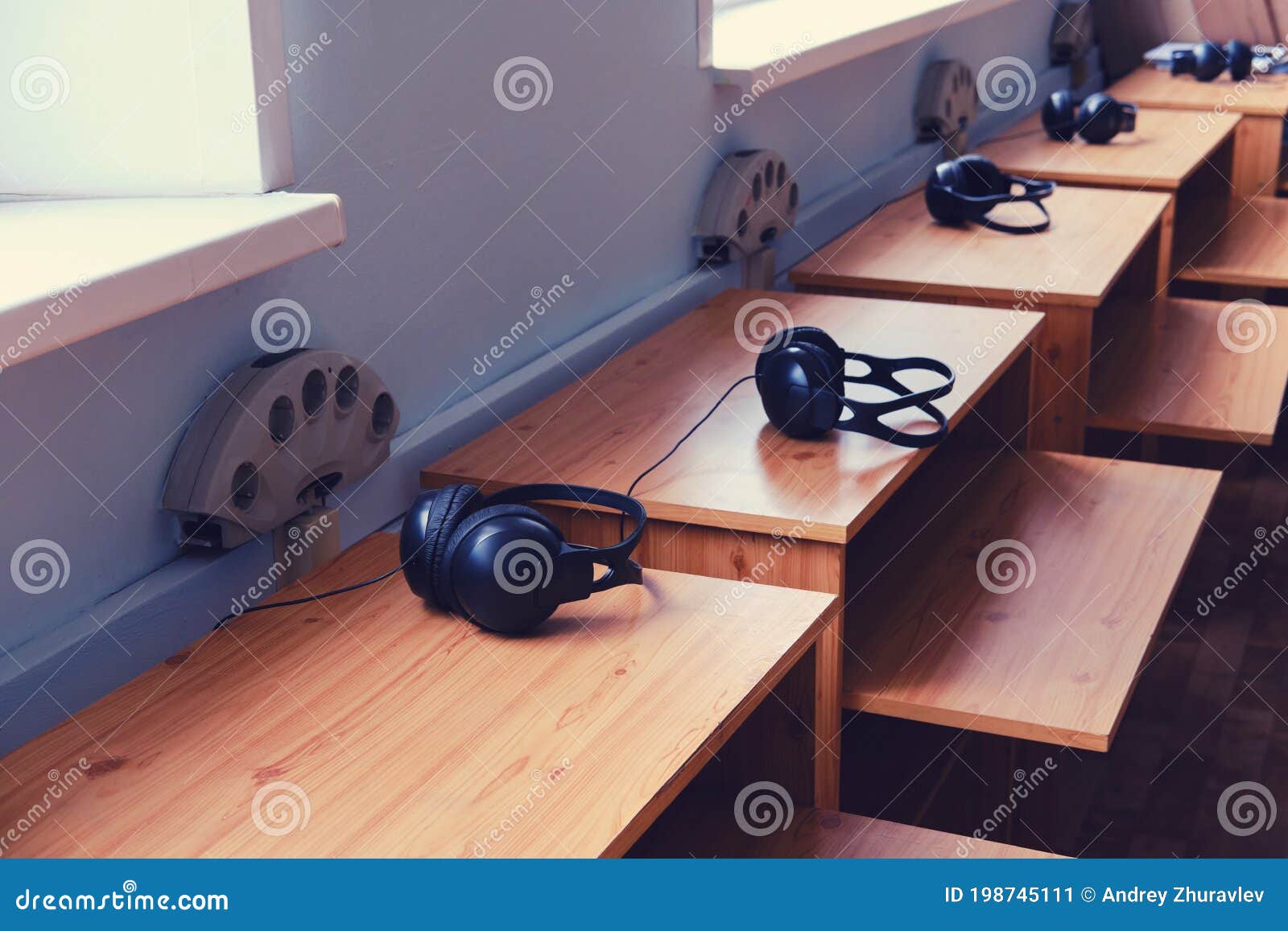 School Class without Computers with Empty Desks and Headphones Stock ...