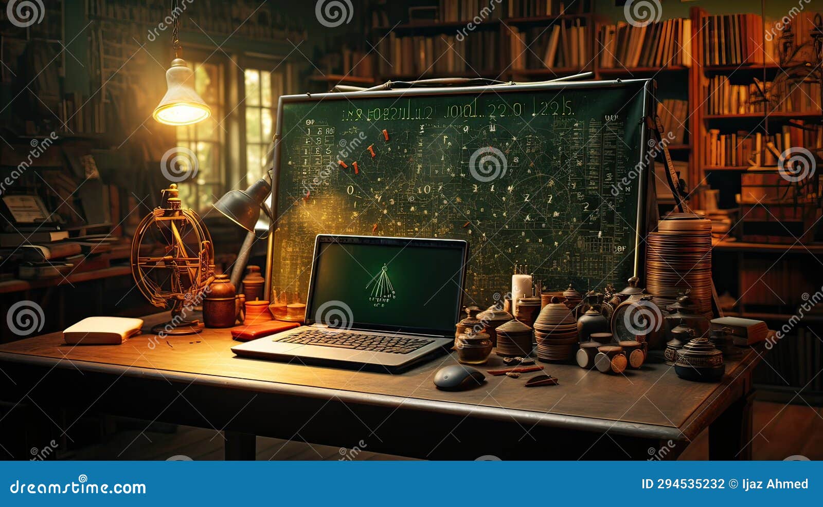 A School Class Room with Bookshelf and Lights Laptop, Green Board Stock ...
