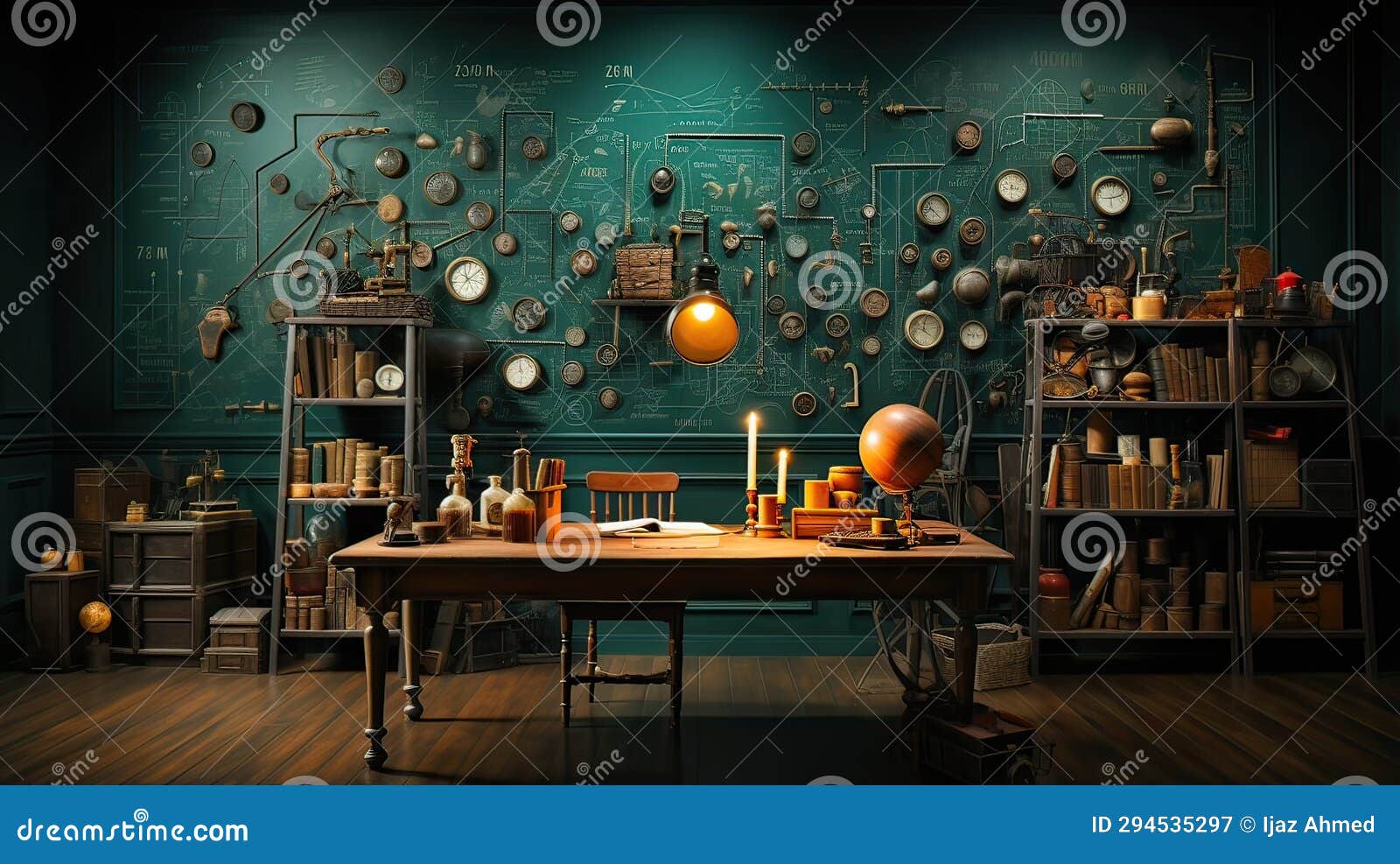 A School Class Room with Chairs and Desks with Bookshelf and Many ...