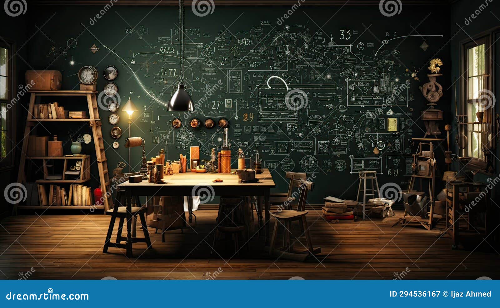 School Class Room with Colorful Things and Desks with Bookshelf and ...