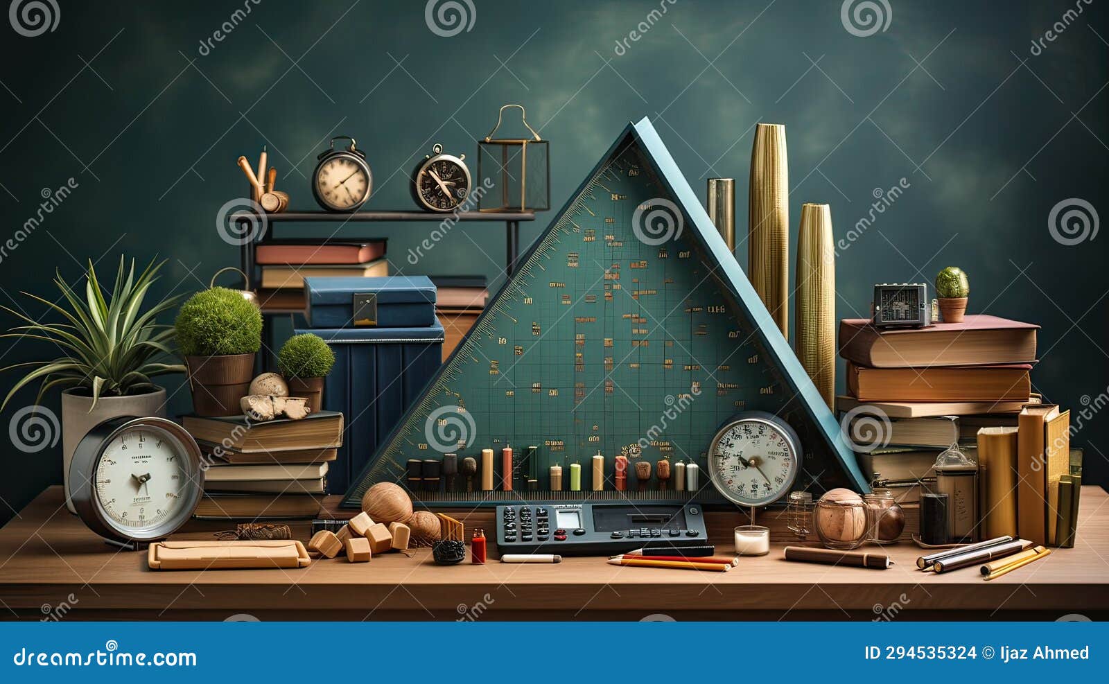 A School Class Room with Compass, Tools and Green Board Behind Stock ...