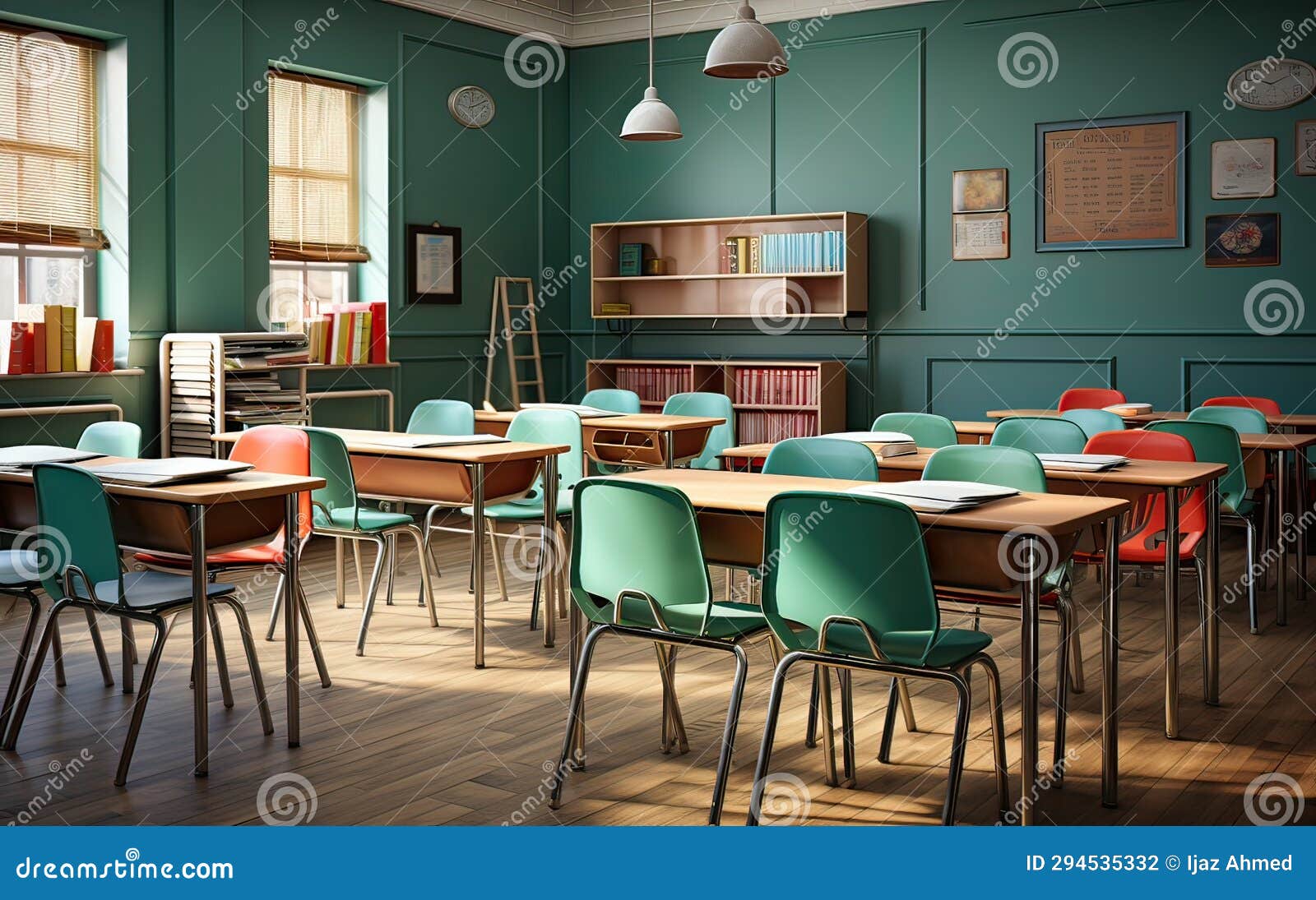 A School Class Room with Green Chairs and Brown Desks Stock ...