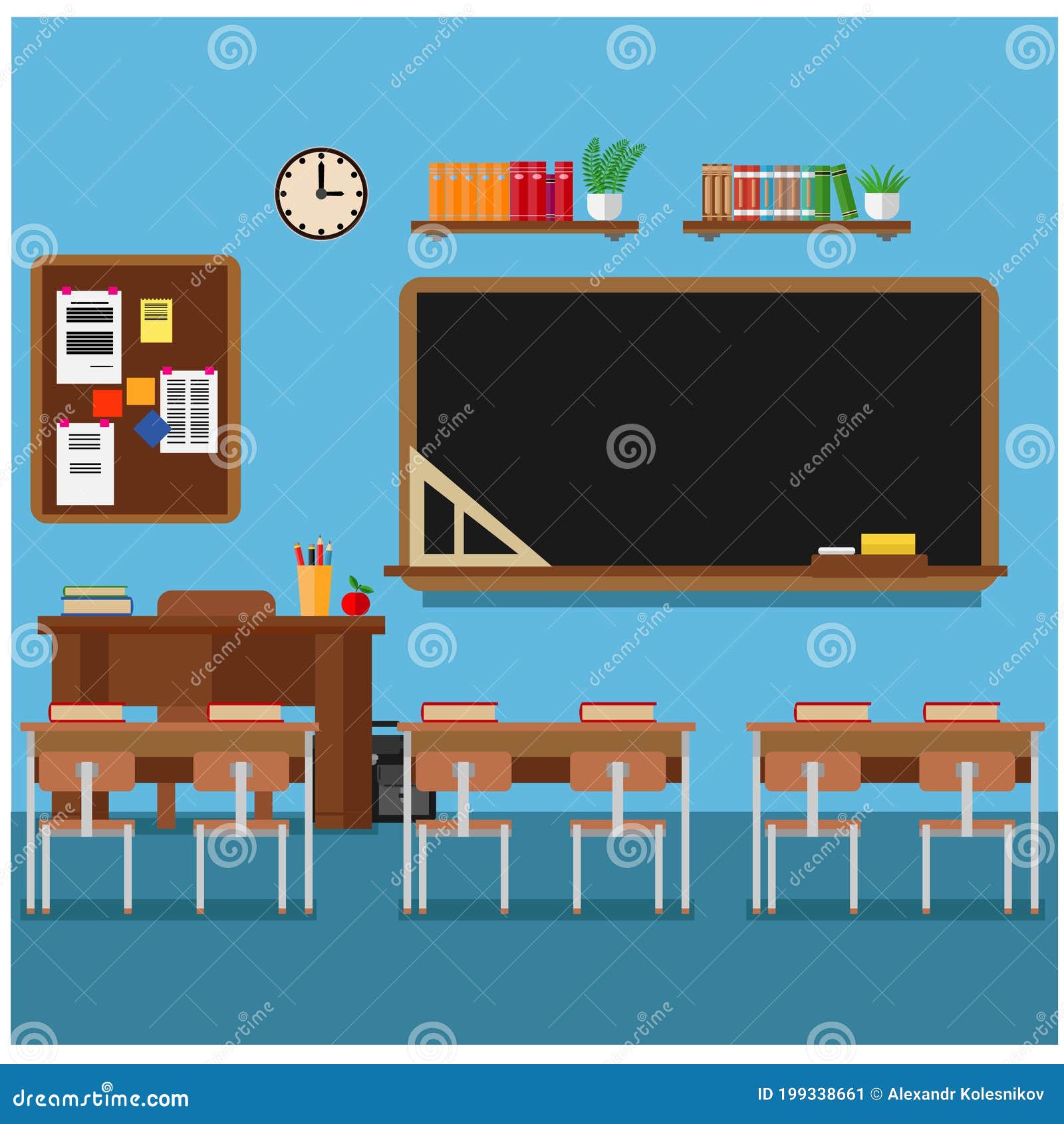 School Classroom with Chalkboard and Desks. Stock Vector - Illustration ...
