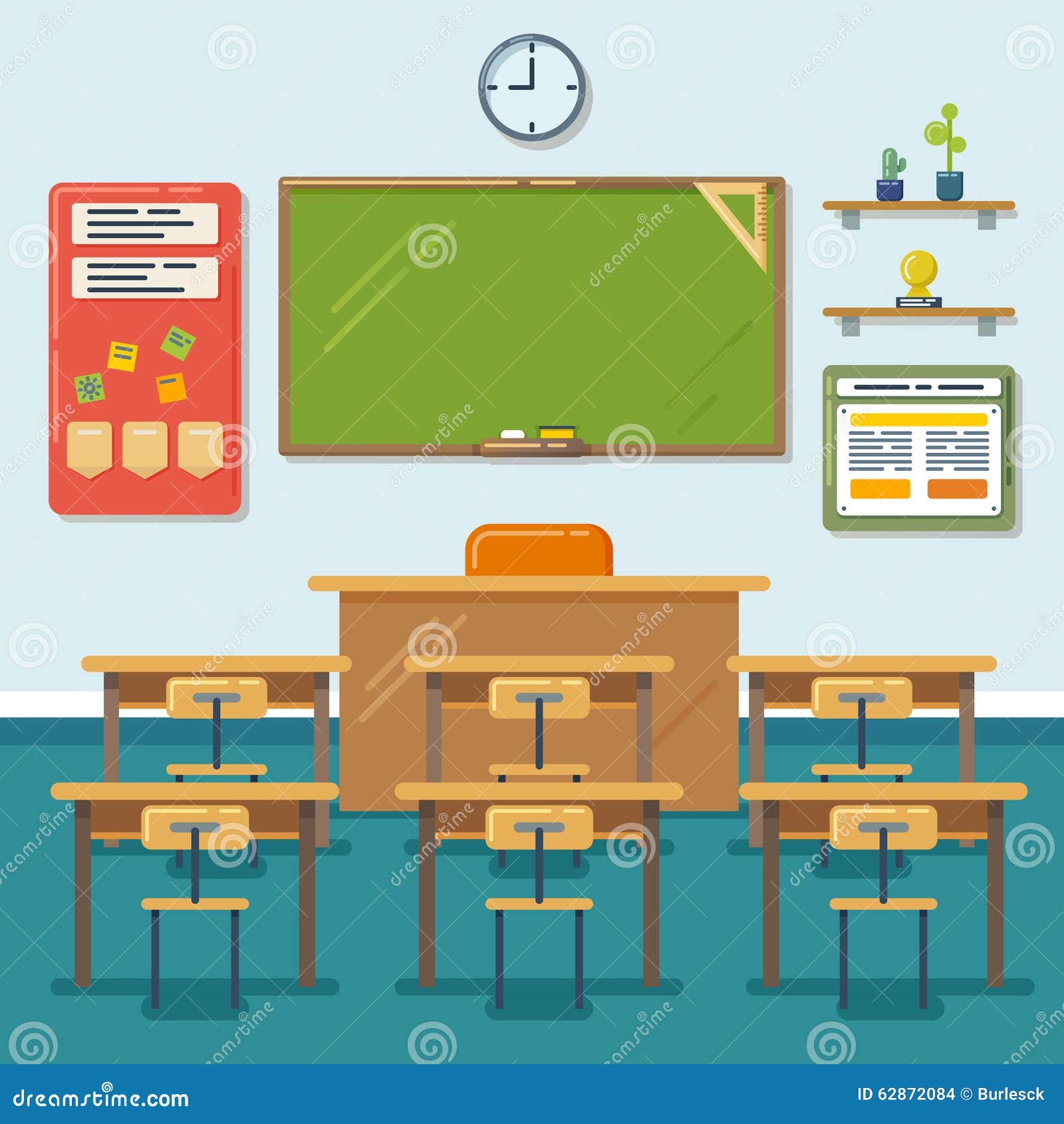 School Classroom with Chalkboard and Desks. Vector Stock Vector ...