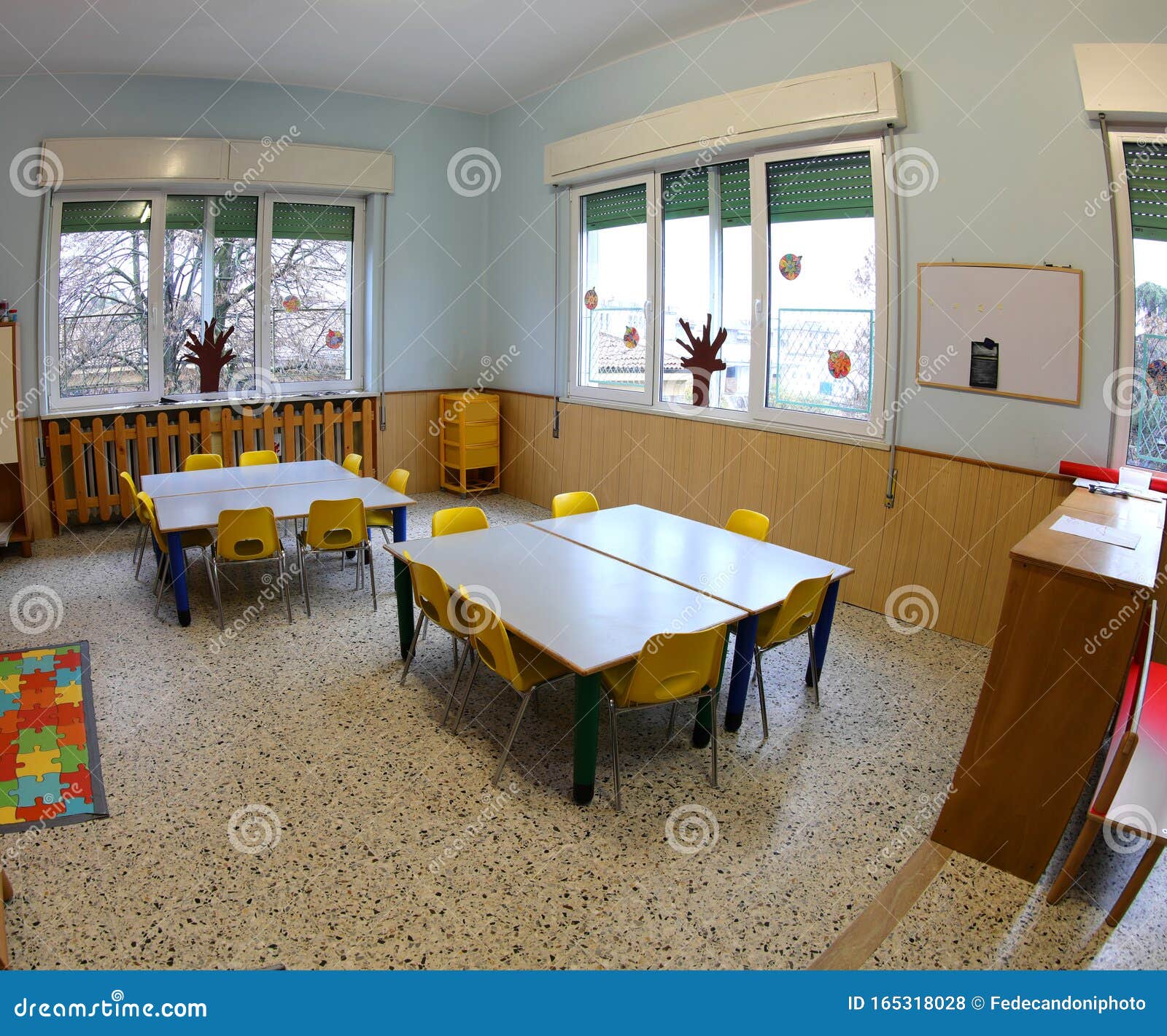 School Classroom without Children with Colorful Chairs and Small Stock ...