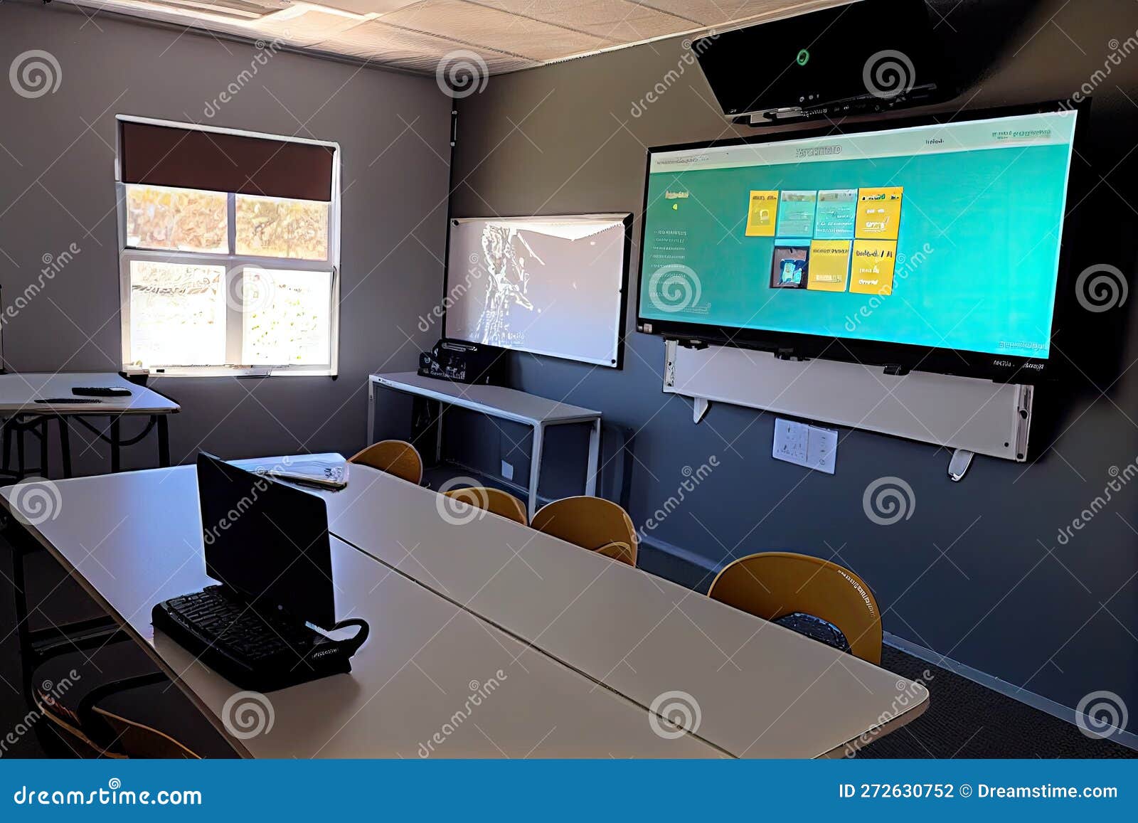 School Classroom with Interactive Smart Board, Laptop, and Projector ...