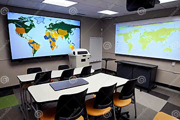 School Classroom with Interactive Smart Board, Laptop, and Projector ...