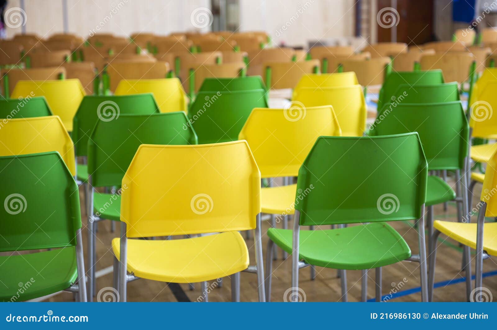 School Classroom with Many Wooden Chairs. School Concept. Stock Photo ...