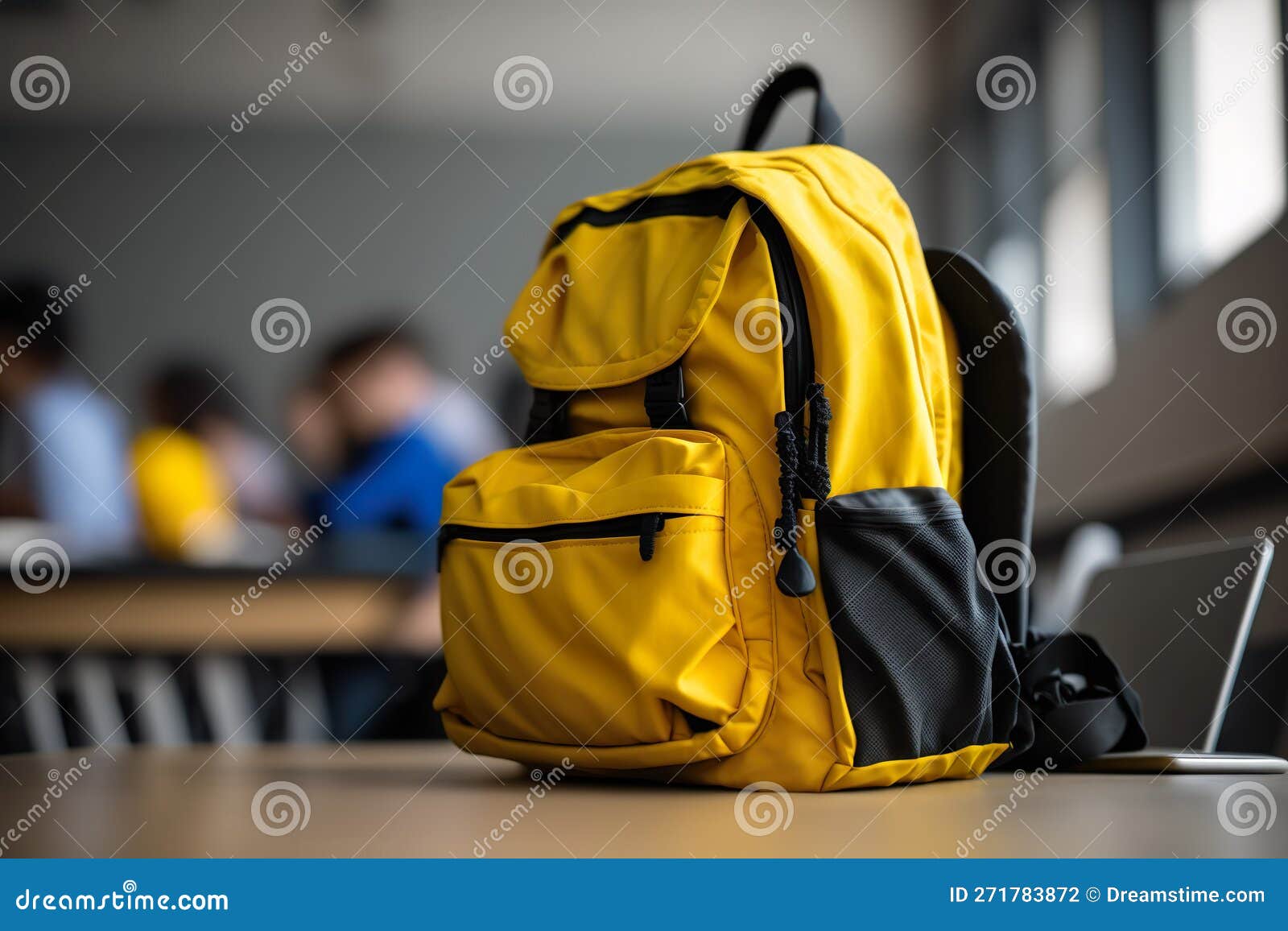 School Classroom. New School Bag on a Student& X27;s Desk in the ...