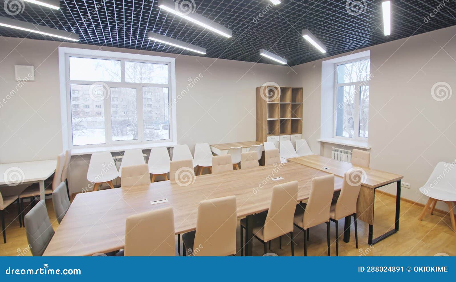 School Classroom for Team Project Lessons with Long Table Stock Video ...