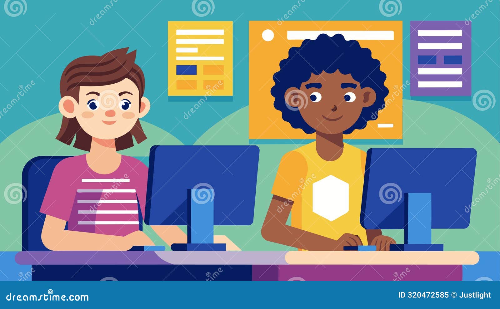 In a School Computer Lab Two Teens Sit Next To Each Other Intently ...