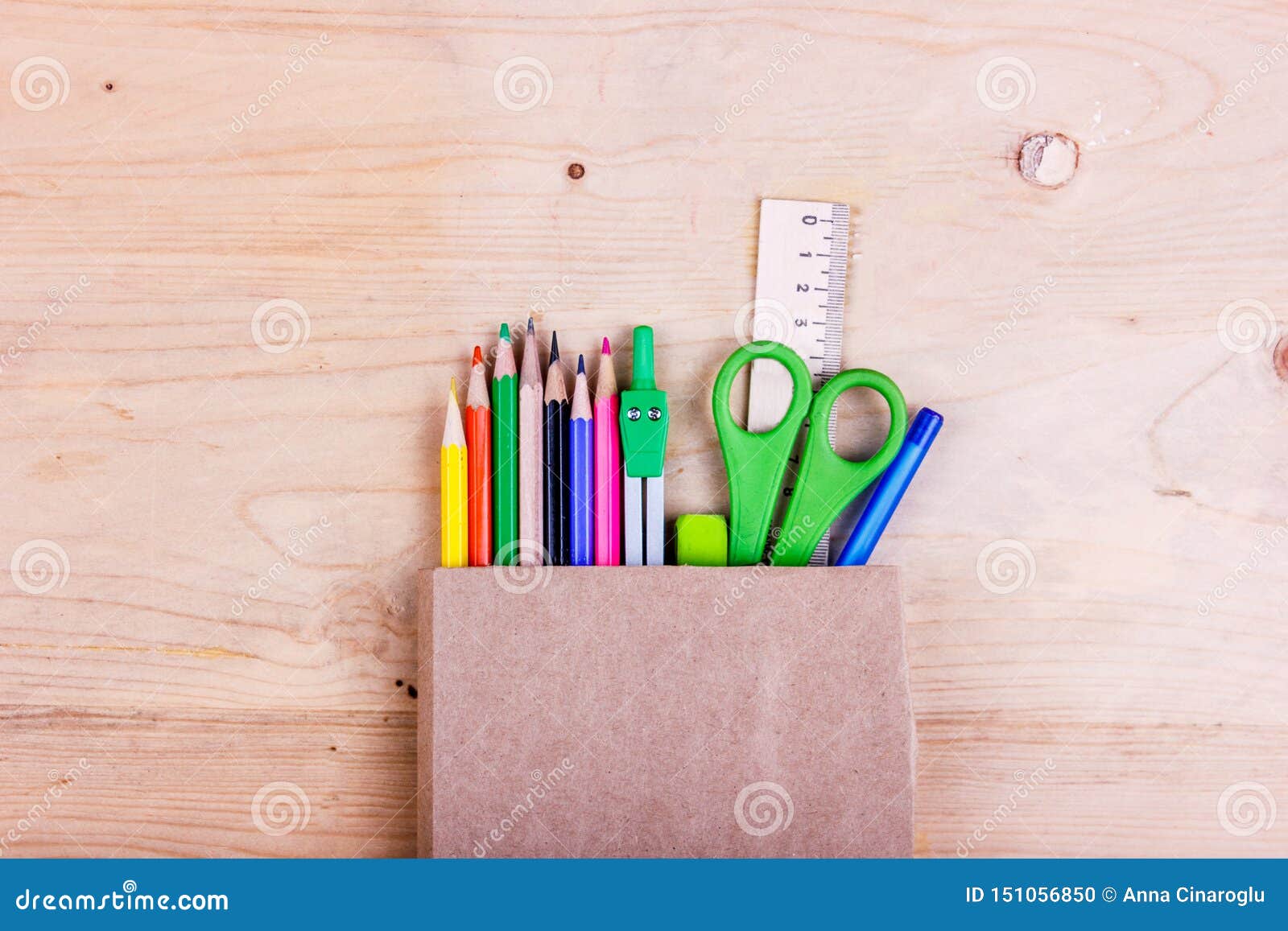 School Concept. Colored Pencils, Scissors, Ruler, Compasses in Brown ...
