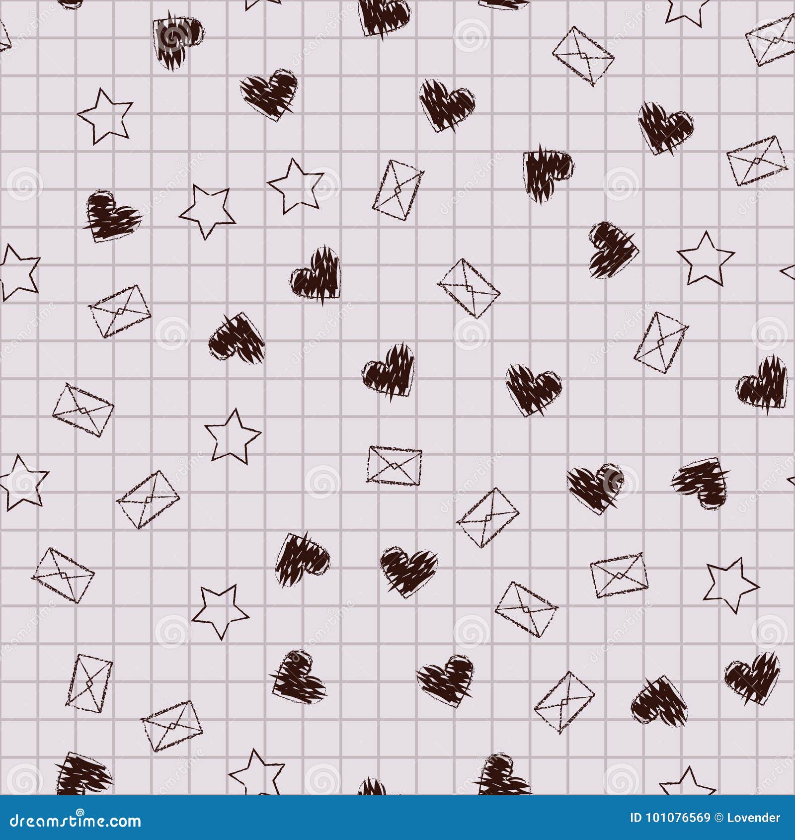 School Copybook Pattern. Hearts, Envelopes, Stars On Squared Backdrop ...