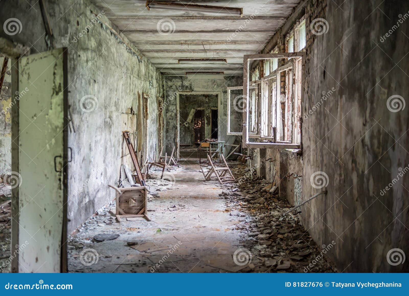 School Corridor with Debris and Broken Windows Stock Photo - Image of ...