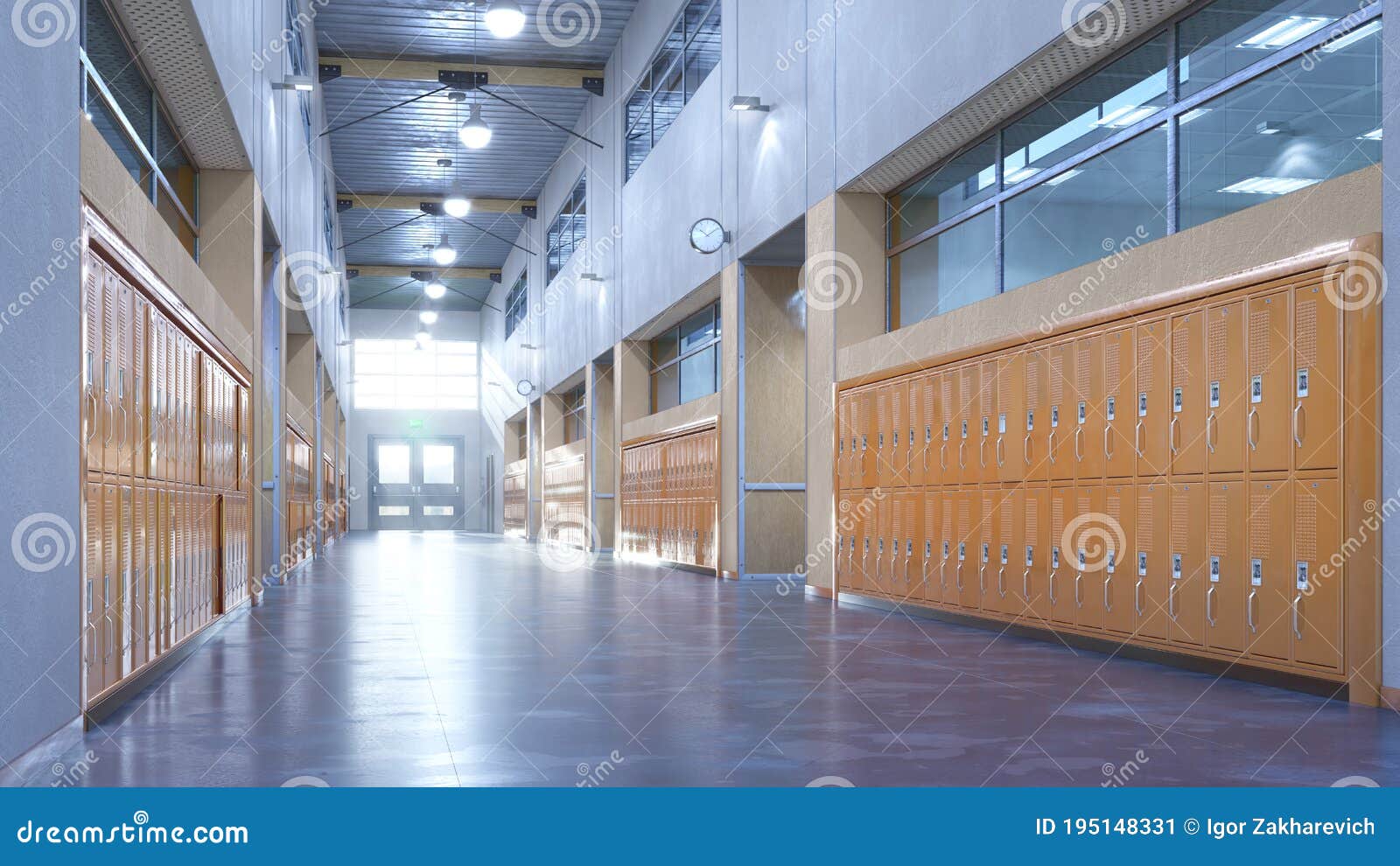 School Corridor with Exit Door Stock Image - Image of college, steel ...