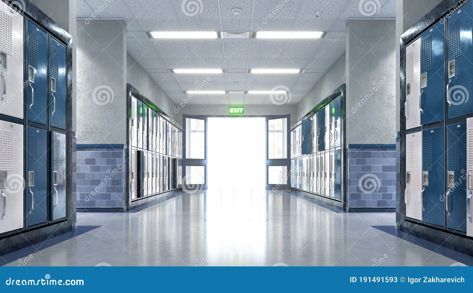 School Corridor with Exit Door Stock Illustration - Illustration of ...