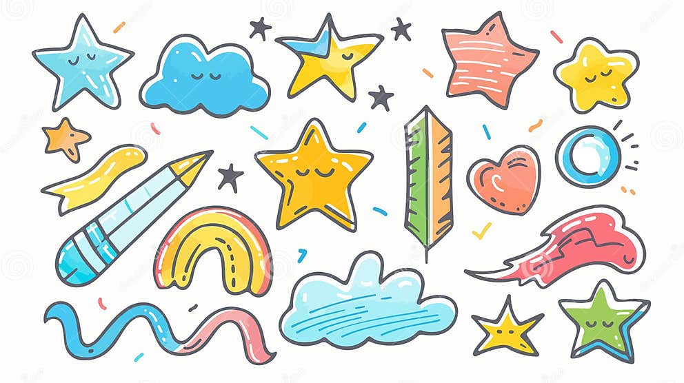 School Cute Scribble Doodle Comic Elements for Creative Projects Stock ...