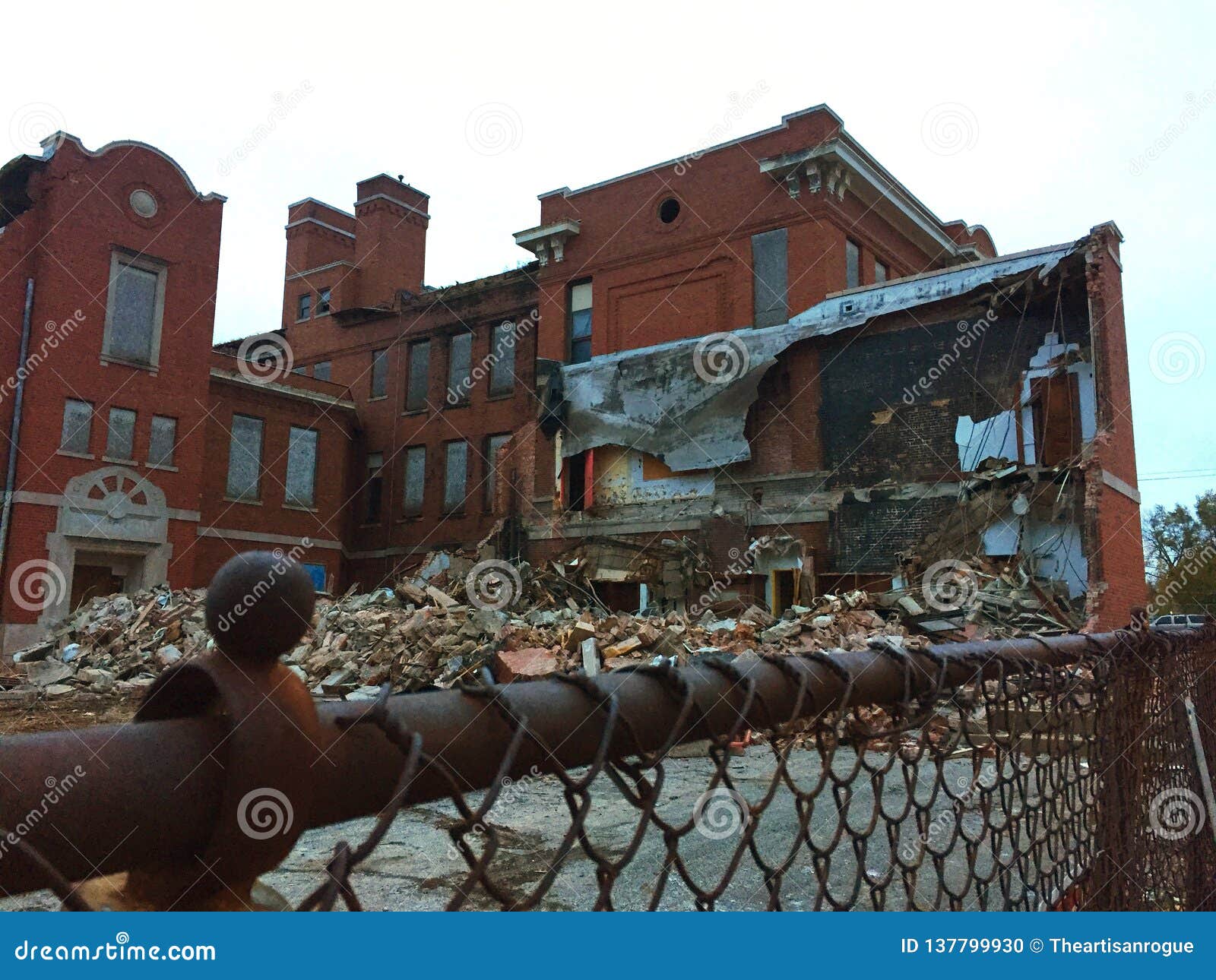 School Demolition with Fence in Foreground 03 Stock Photo - Image of ...