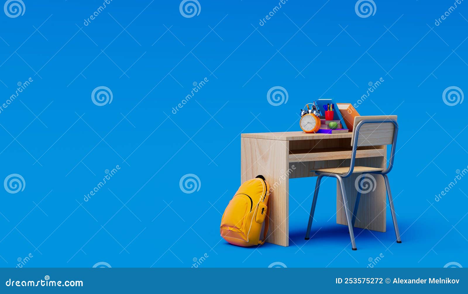 School Desk with School Accessory and Backpack on a Colored Background ...