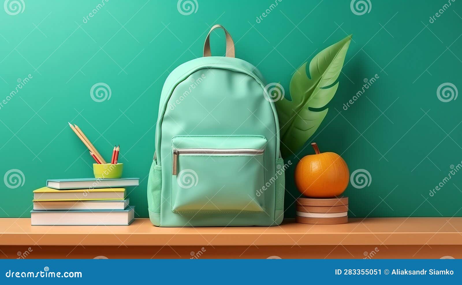 School Desk with School Accessory and Backpack on a Colored Background ...