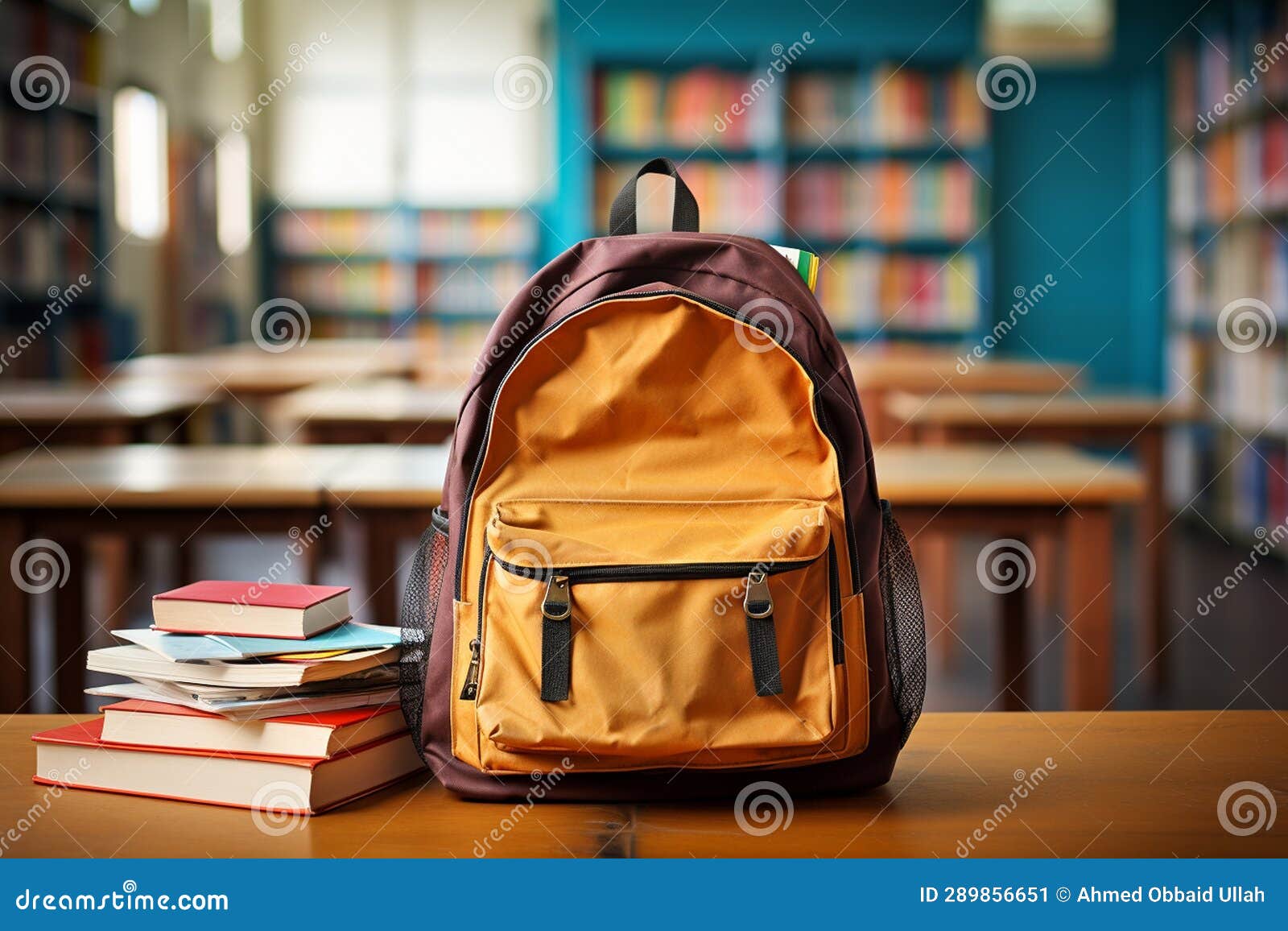 School Desk with Backpack and Books. Generative by Ai Stock ...