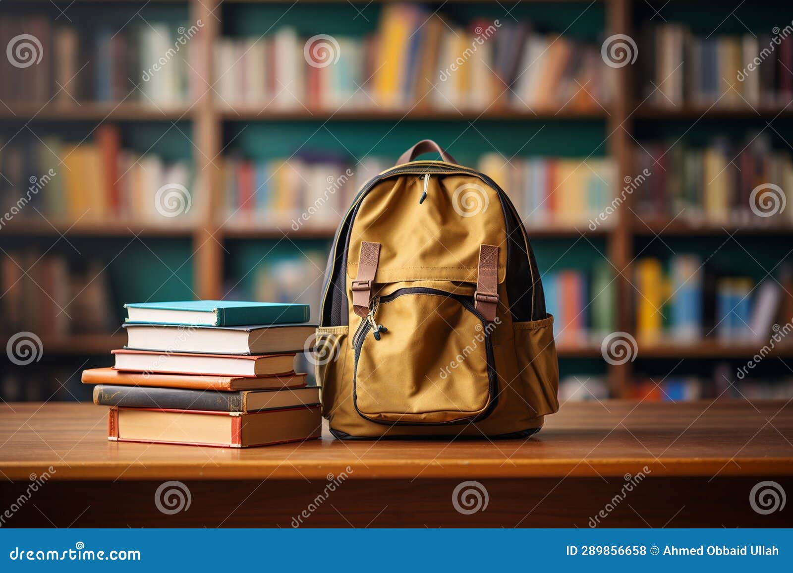School Desk with Backpack and Books. Generative by Ai Stock ...