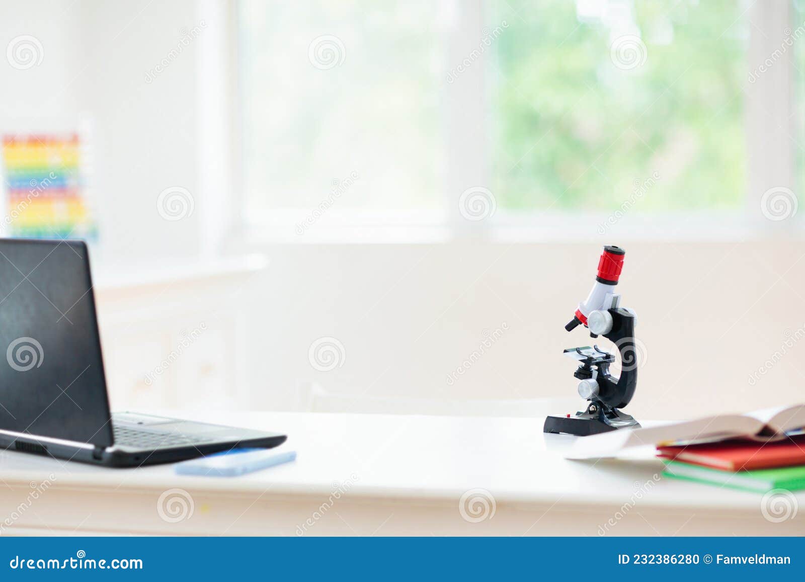 School Desk with Microscope. Science Class Stock Photo - Image of desk ...