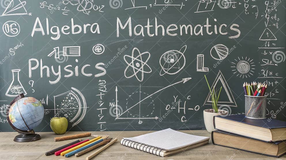 School Desk with Textbook, Notebook, Colored Pencils, Apple and Globe ...