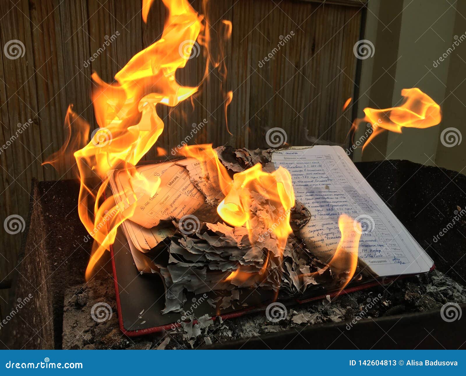 School Diary with daily Hand Written Note Burning in Fire Flame Stock ...