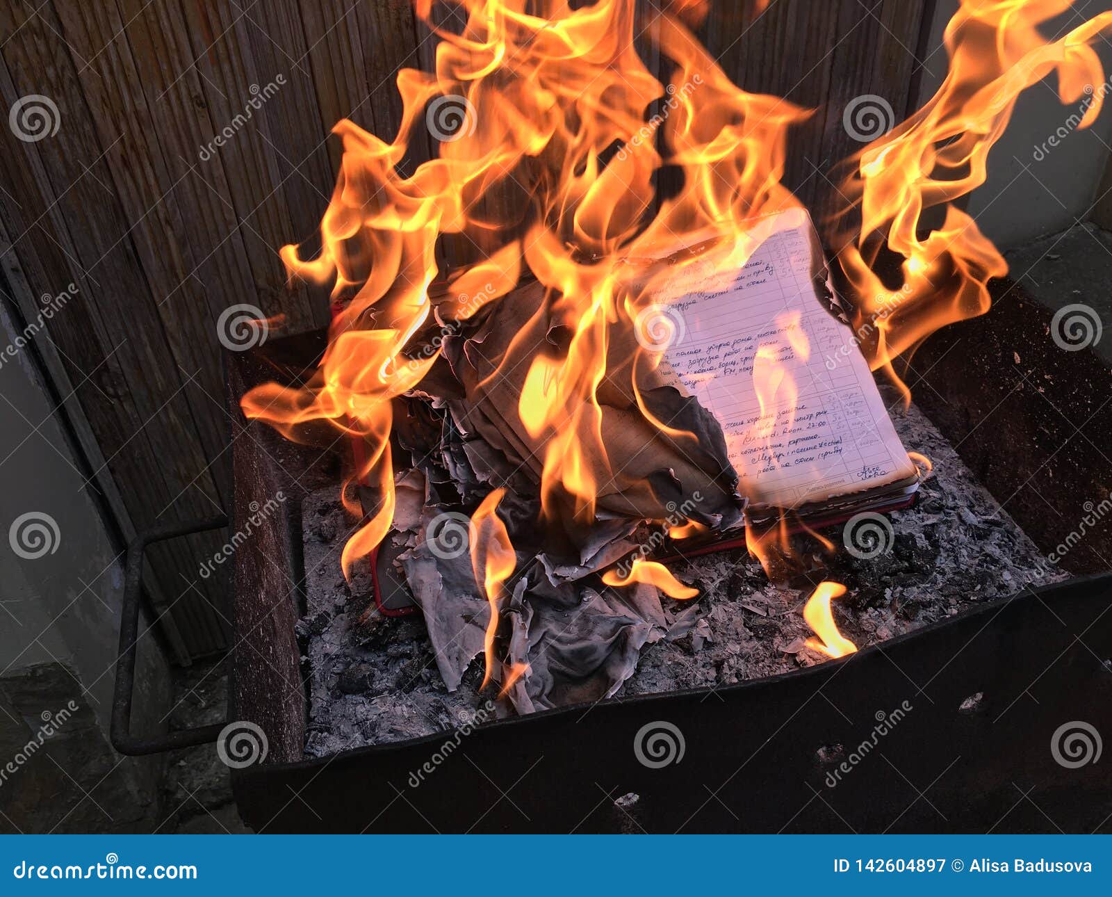 School Diary with daily Hand Written Note Burning in Fire Flame Stock ...